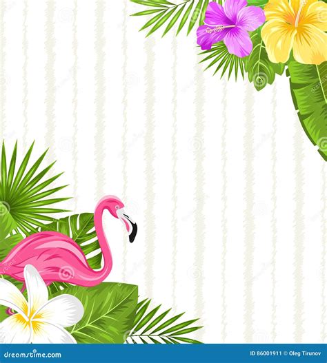 Flamingo And Tropical Plants Watercolor Summer Illustration