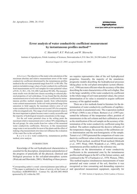 Pdf Error Analysis Of Water Conductivity Coefficient Measurement By Instantaneous Profiles Method