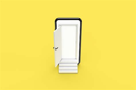 컬러 배경에 계단과 스마트 폰 화면에서 3d 렌더링 오픈 도어 3차원 형태에 대한 스톡 사진 및 기타 이미지 3차원 형태