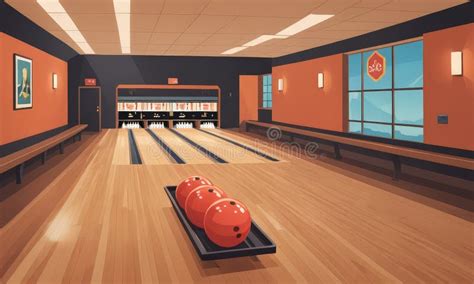 Bowling Alley With Wooden Floor Red Bowling Balls And Bowling Ball