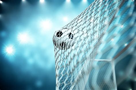 목표에 3d 렌더링 축구 공입니다 스포트 라이트 경기장 빛을 배경 성공 개념 그물에 축구 공 파란색 배경에 축구 공입니다 가죽에 대한 스톡 사진 및 기타 이미지 Istock