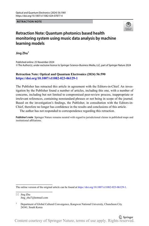 Retraction Note Quantum Photonics Based Health Monitoring System Using Music Data Analysis By