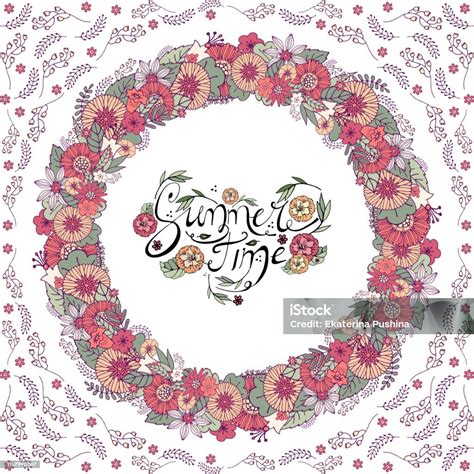 흰색 배경에 고립 된 요소의 꽃 세트입니다 귀여운 스타일에 꽃의 화려한 밝은 화환 비문 여름 시간입니다 카드에 대한 솔루션을 설계합니다 다양한 변형 0명에 대한 스톡 벡터