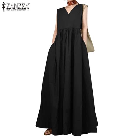 ZANZEA Women Solid Sleeveless V Neck Party Long Dress Shopee Singapore