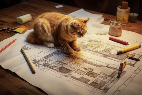 Cat Is Drawing A House Building Plan Stock Image Image Of Engineer