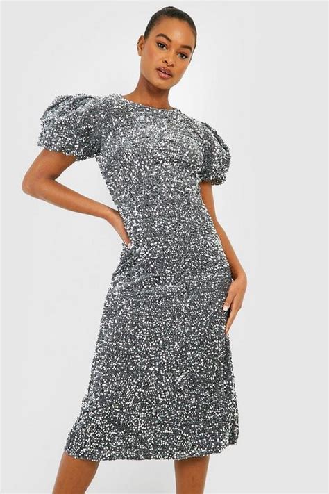 Tall Velvet Sequin Puff Sleeve Midi Dress Boohoo Usa