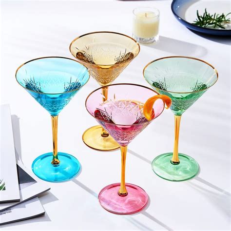 Crystal Martini Glasses Colored Set Of 4 Stemmed Multi Color Glass