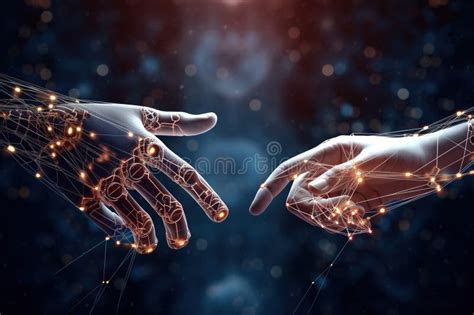 hands of robot and human touching on big data network connection