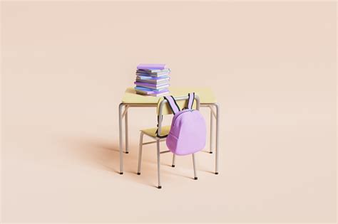 파스텔 배경의 의자에 분홍색 배낭이 걸려있는 책으로 가득 찬 최소한의 학교 책상 교육에 대한 스톡 사진 및 기타 이미지 교육