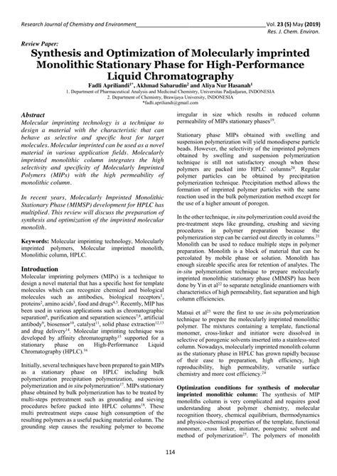 Pdf Synthesis And Optimization Of Molecularly Imprinted Monolithic