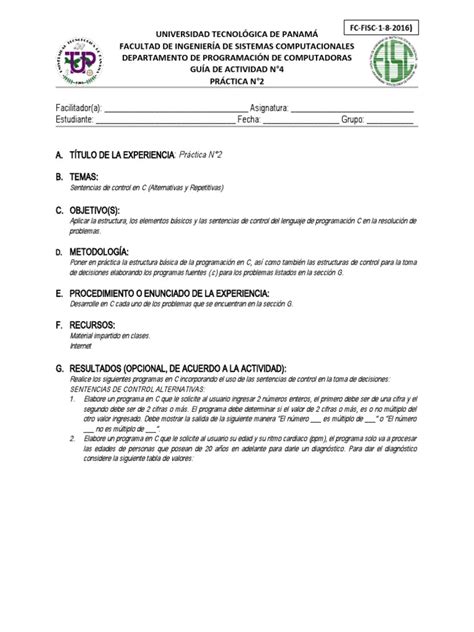 Guia De Actividad N°4 Práctica N°2 Sentencias De Control Pdf