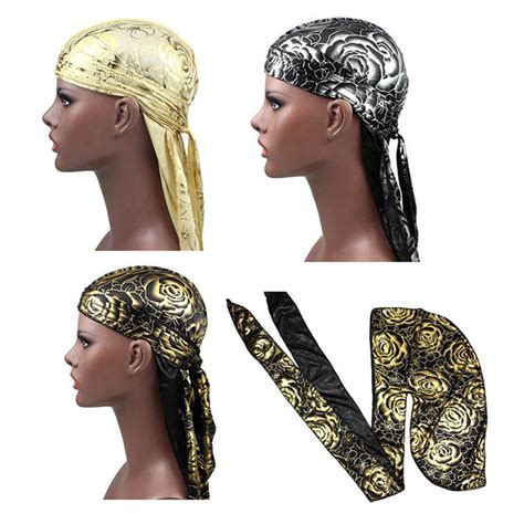Nuserw Black Gold Flower Rose Design Silk Durag Cap Doo Rag Scarf Dew