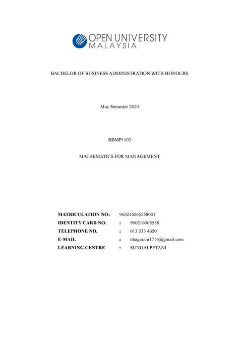Mathematic Assignment Bachelor Of Business Administration With