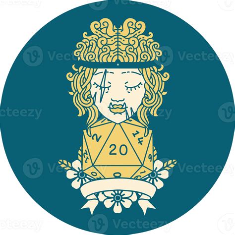 Retro Tattoo Style Half Orc Barbarian Character With Natural 20 Dice