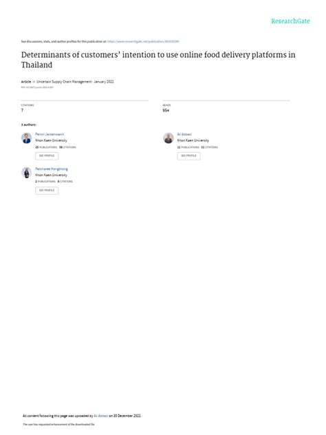 Determinants Of Customers Intention To Use Online Food Delivery Platforms In Thailand Pdf