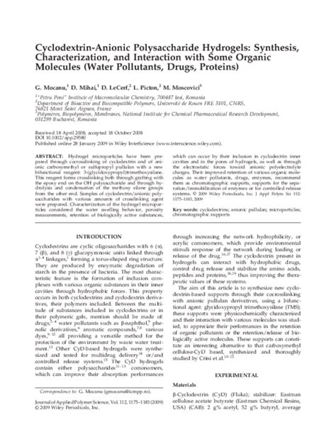Pdf Cyclodextrin Anionic Polysaccharide Hydrogels Synthesis Characterization And