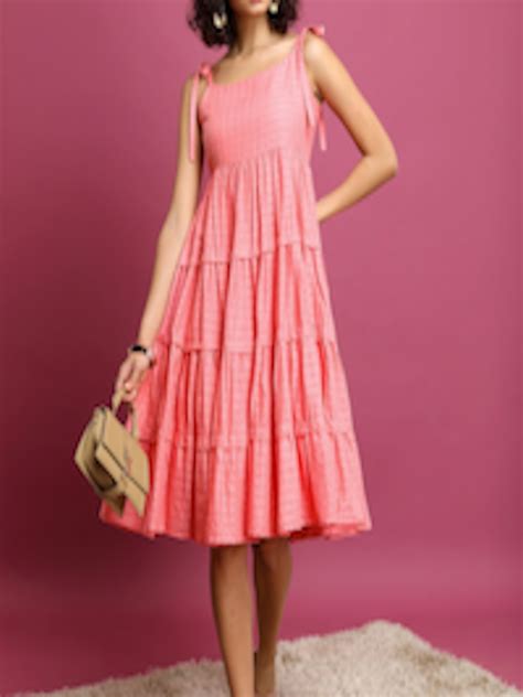 Buy Vishudh Pink Checked Shoulder Strap Neck Tiered Dress Dresses For