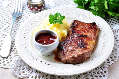 Medium Rare Grilled Beef Steak With Mashed Potatoes And Barbecue Sauce Stock Photo Chudo