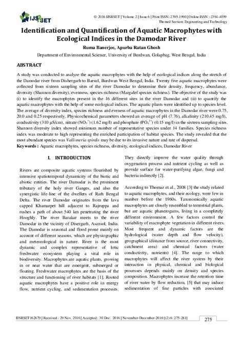 Pdf Identification And Quantification Of Aquatic Macrophytes With Ecological Indices In The