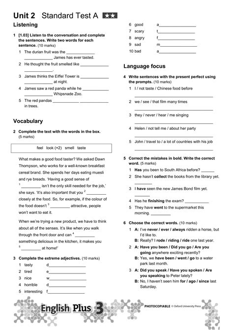 Unit 2 Standard Test English Plus 3