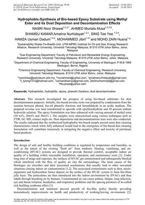 Pdf Hydrophobic Synthesis Of Bio Based Epoxy Substrate Using Methyl Ester And Its Dust