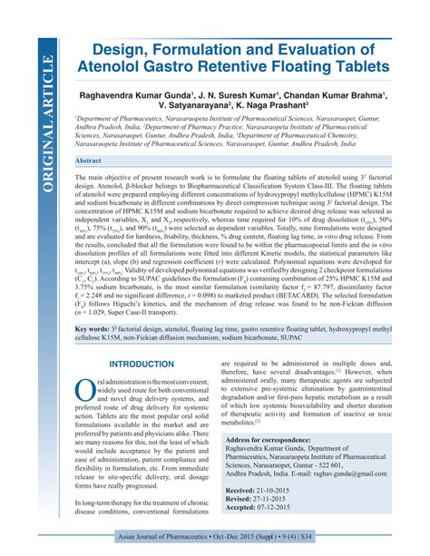 Pdf Design Formulation And Evaluation Of Atenolol Gastro Retentive Floating Tablets