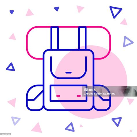 흰색 배경에 격리 된 라인 하이킹 배낭 아이콘 캠핑과 산을 탐험 하는 배낭 다채로운 개요 개념 벡터 3차원 형태에 대한 스톡