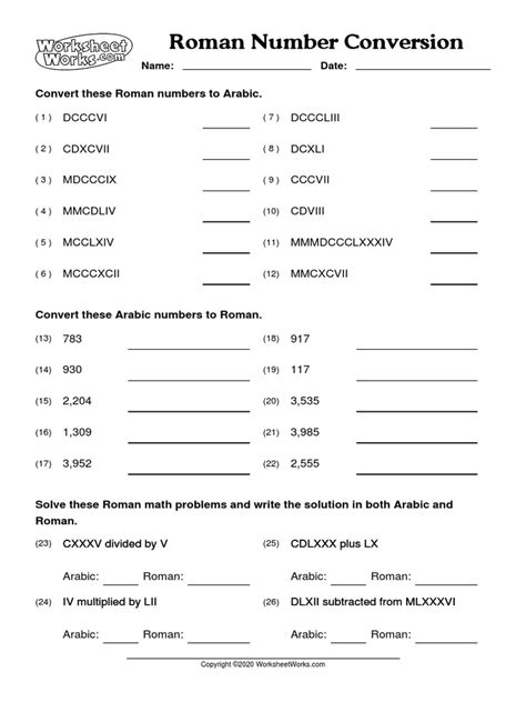 Roman Number Conversion Convert These Roman Numbers To Arabic Pdf Teaching Mathematics