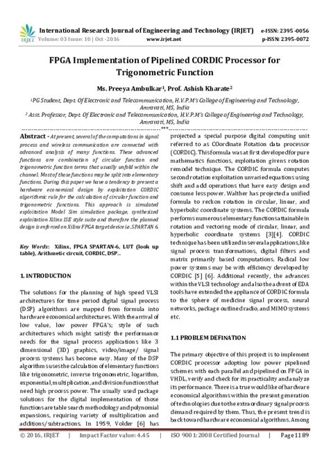 Pdf Irjet Fpga Implementation Of Pipelined Cordic Processor For