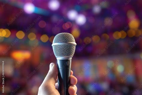 Hand Holding Microphone On Bokeh Background Hand And Microphone On