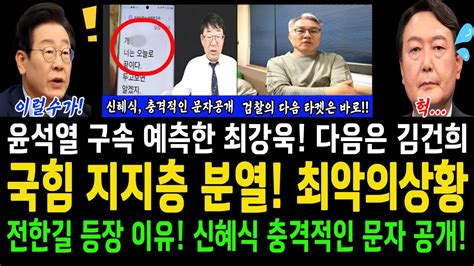 국힘 지지층 분열 최악의 상황 전한길 진짜 등장이유 신혜식 충격적인 문자 공개윤석열 100 구속기소 예측한