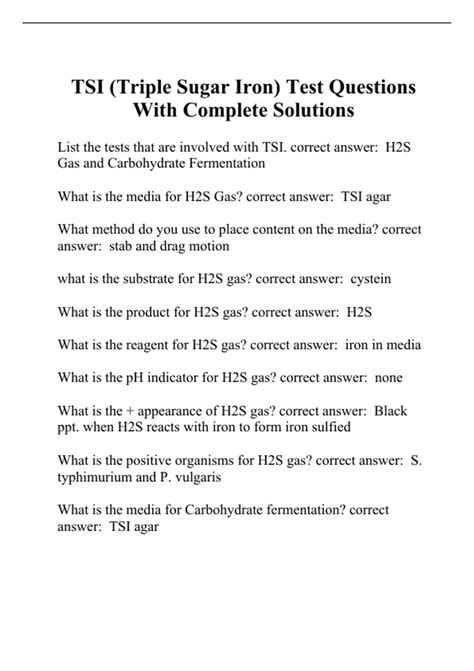 TSI Triple Sugar Iron Test Questions With Complete Solutions TSI