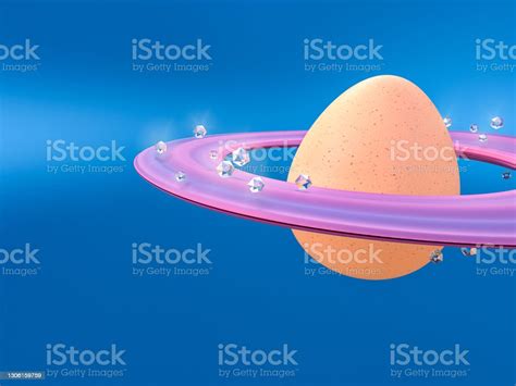 부활절에 대한 추상 3d 구성 토성 행성과 같은 고리가 있는 날아다니는 노란 달걀이 우주에 있습니다 궤도 결정 근처에서 비행
