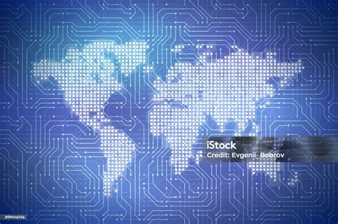 사이버 블루 추상 개념 그림에 복잡 한 컴퓨터 마이크로 칩에 하이테크 Pixelated 세계 지도 0명에 대한 스톡 벡터 아트 및 기타 이미지 Istock