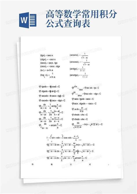 高等数学常用积分公式查询表word模板下载 编号lbyxorbz 熊猫办公