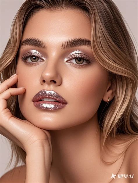 高清像素，一位国外欧美，女模特，哑光金属细闪质地唇，肤感很好，浅色背景 花瓣网