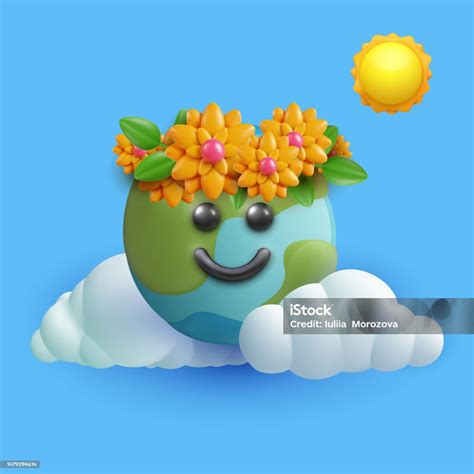 만화 귀여운 미소 지구 행성 캐릭터는 꽃 화환 구름 및 태양을 3d 현실적인 최소 스타일로 가지고 있습니다 밝은 재미 있는 벡터 그림입니다 표지 장난감 카드 포스터를위한