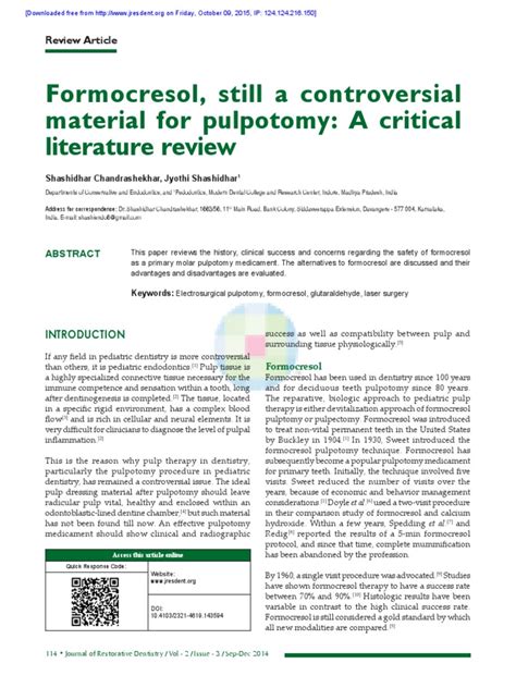 Formocresol Still A Controversial Material For Pulpotomy A Critical