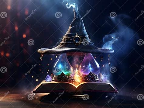 Pointed Wizard Or Witch Hat With Potions And Crystals Lit From Inside Stock Illustration