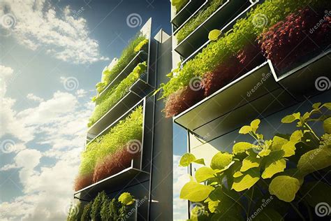 Granja Vertical Con Cultivos Cultivados En Paredes Verticales Y En Cestas Colgantes Stock De