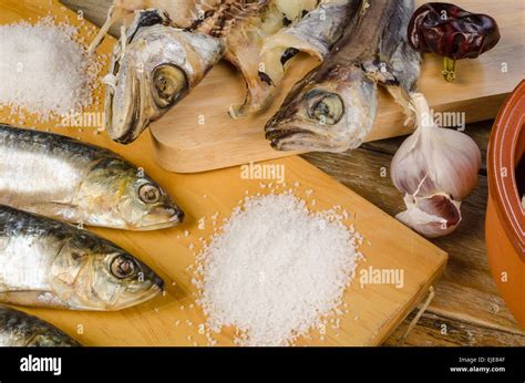 Assorted Salt Cured Fish With Ingredients For Mediterranean Recipies