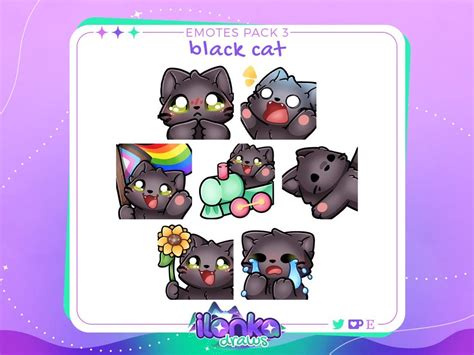 Black Cat Twitchdiscord Emotes Pack 3 Set Of 7 Etsy