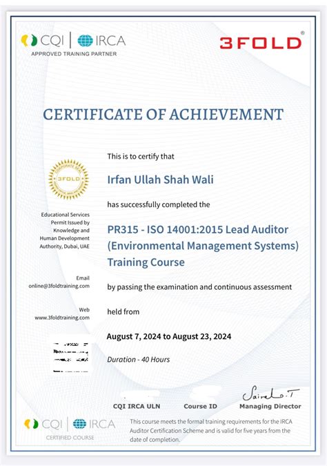 Passed Iso 140012015 Ems Lead Auditor Course Irfan Ullah Khan Posted