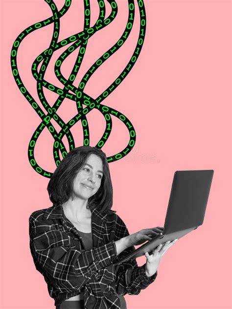 Digital Themed Composition Of Smiling Woman With Binary Code Flowing From Head Stock Image