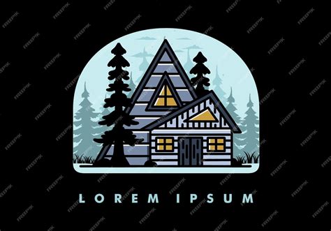 Aesthetic Wood House Between Two Pine Tree Illustration Badge Design