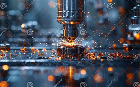 The Cnc Milling Machine Cutting The Sample Part With The Sparking Light Modern Manufacturing