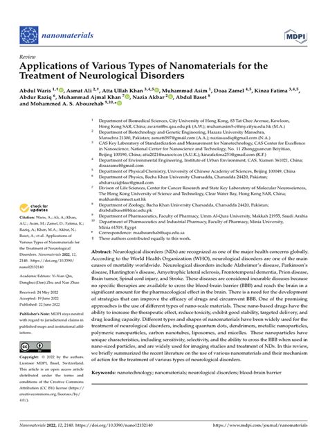 Applications Of Various Types Of Nanomaterials For The Treatment Of Neurological Disorders