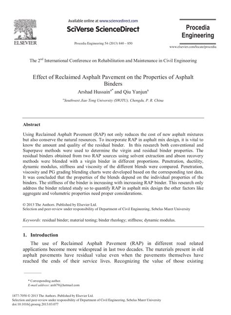 Pdf Effect Of Reclaimed Asphalt Pavement On The Properties Of Asphalt
