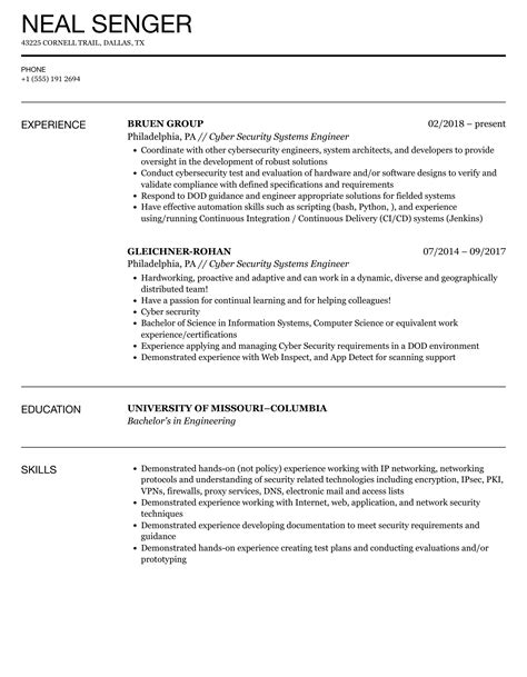 Cyber Security Systems Engineer Resume Samples Velvet Jobs