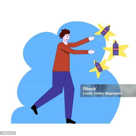 소다 중독 컨셉 일러스트레이션 남자는 탄산음료 병으로 달려다 건강에 해로운 라이프 스타일 건강에 해로운 식단 달콤한 치아 벡터